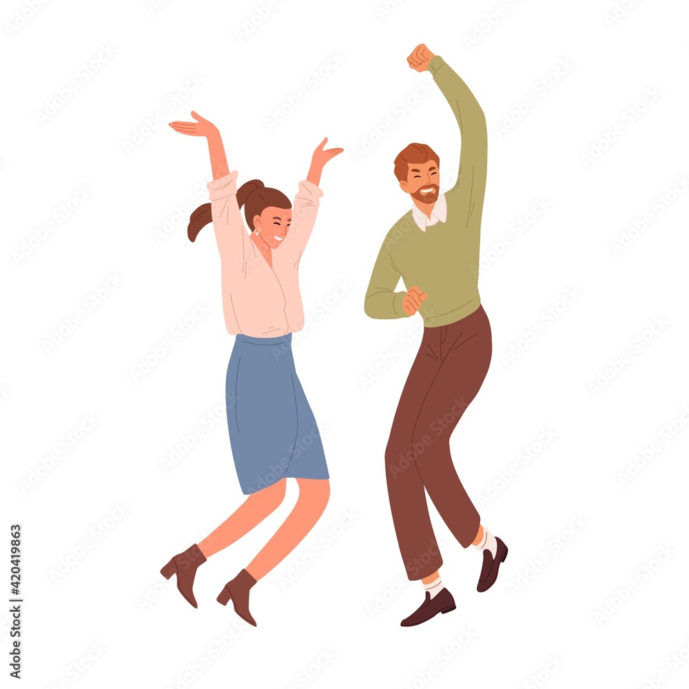 Happy people jumping and dancing from joy and happiness. Couple of ...