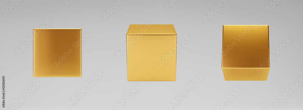 3d gold metallic cubes set isolated on grey background. Render a ...