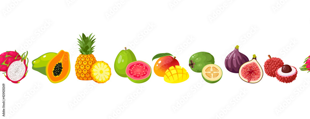 Seamless horizontal composition of tropical cartoon fruits, template ...