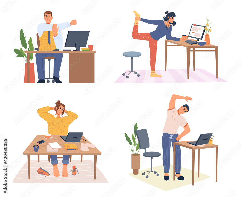 People working from home or office stretching and relaxing during break ...