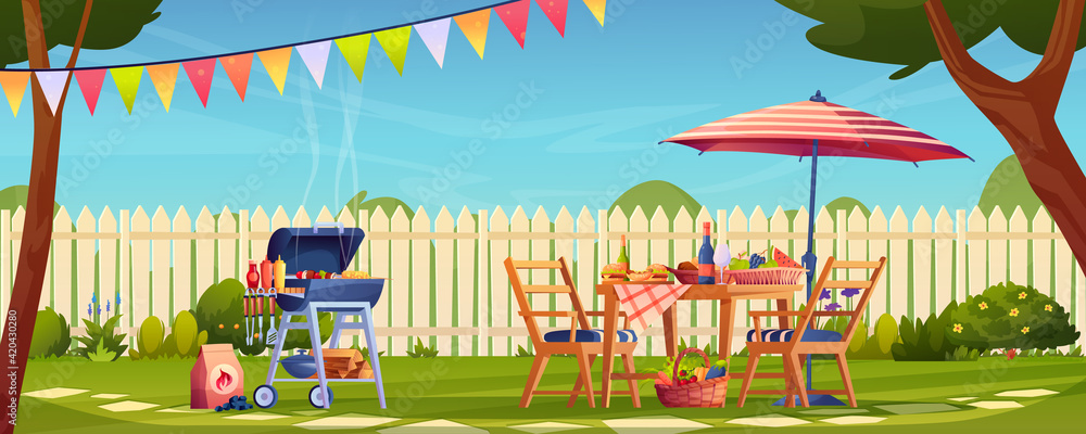 Bbq, food and drinks garden party in backyard, served table and chairs ...