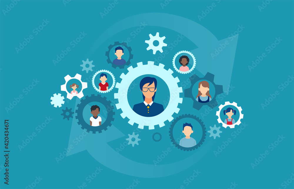 Vector of a teacher interconnected with students in a network of gear ...