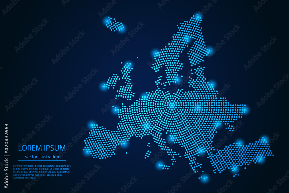 Abstract image Europe map from point blue and glowing stars on a dark ...