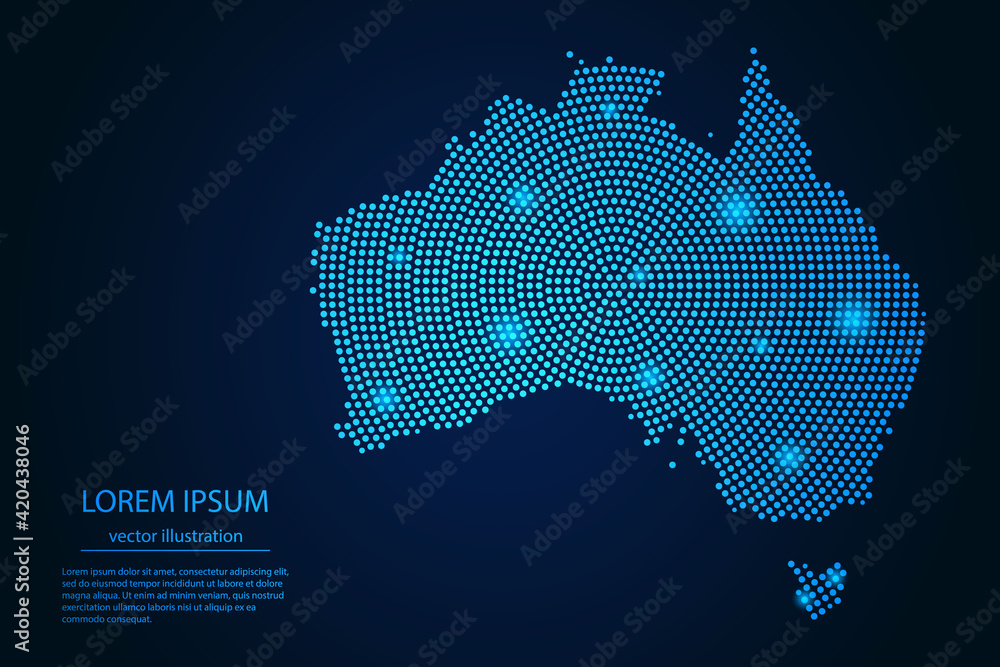 Abstract image Australia map from point blue and glowing stars on a ...