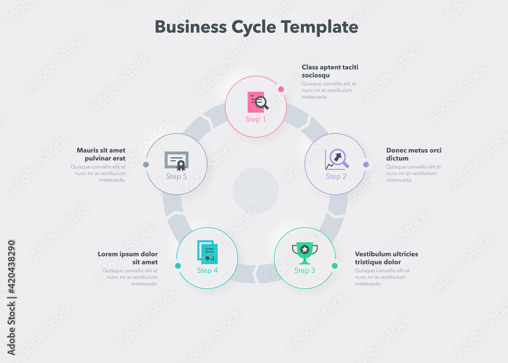 Simple concept for business cycle diagram with five steps and place for ...