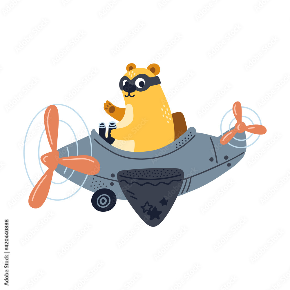 Cute bear flying on airplane, happy illustration isolated on white ...