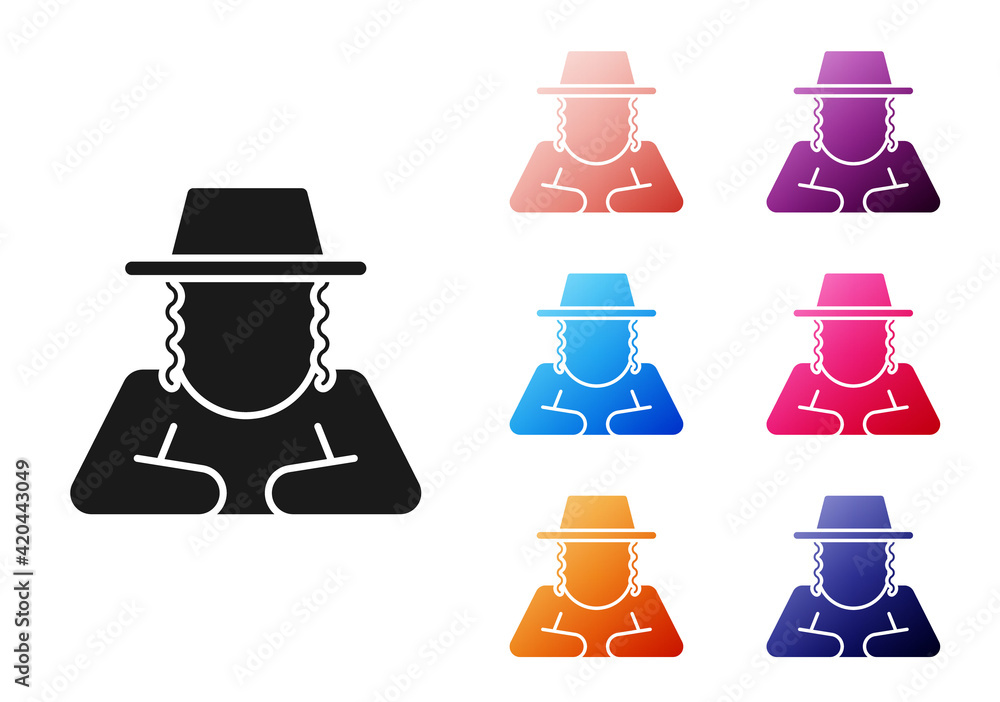 Black Orthodox jewish hat with sidelocks icon isolated on white ...