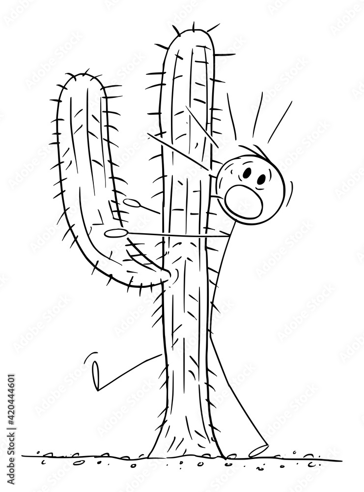 Man Walking in Desert Hit the Big Cactus, Vector Cartoon Stick Figure ...
