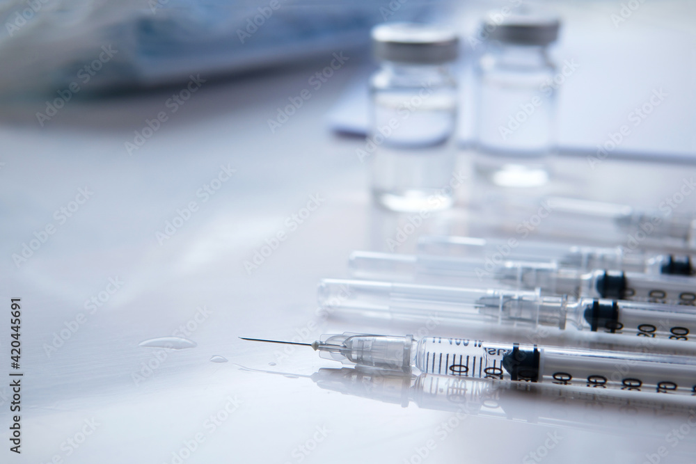 Closeup filled single use syringe with needle vaccine for medical ...