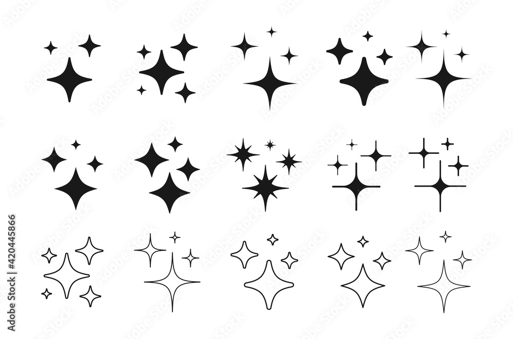 Set of Clean shining icons. Sparkle Sign. Flash symbol. Twinkle star shapes vector design. Stock ...