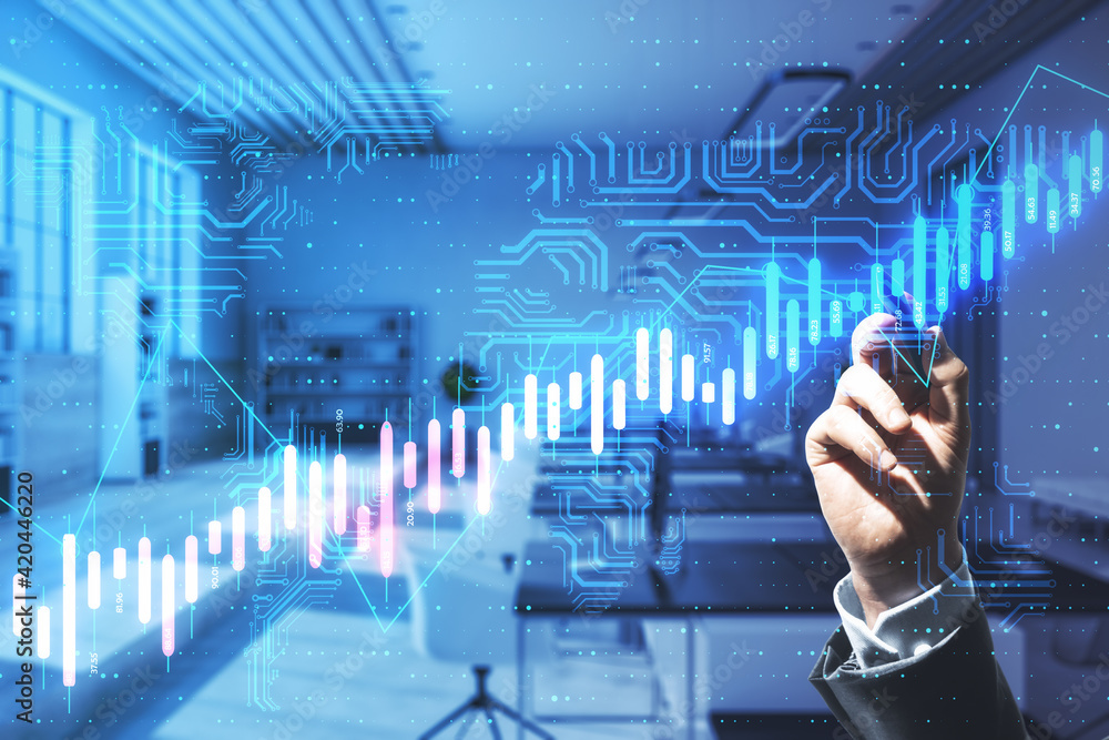 Algorithmic trading and financial concept with man hand writing on ...