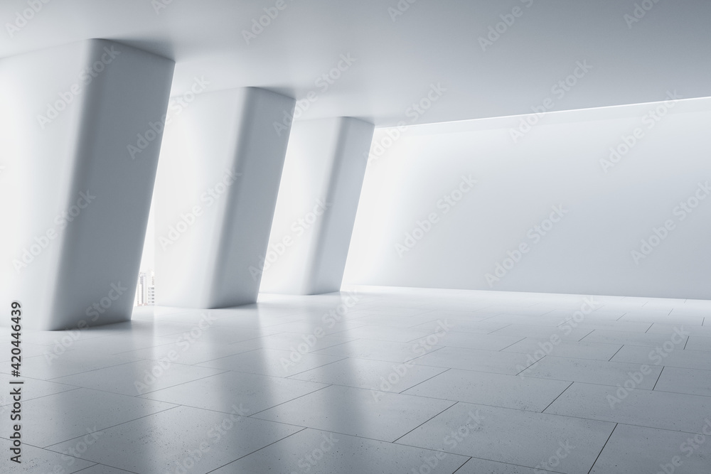 Light spacious presentation hall place with columns, white wall and ...