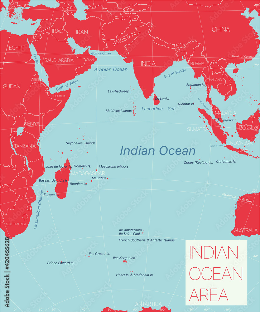 Poster Indian ocean region detailed editable map – Wall Art | UkPosters