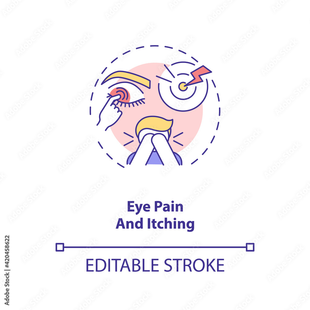 Eye pain and itching concept icon. Emergency eye exam reasons. Eye ...