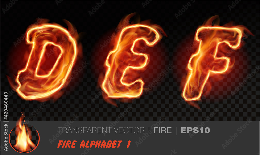 Alphabet of fire. Transparent realistic vector on dark background ...