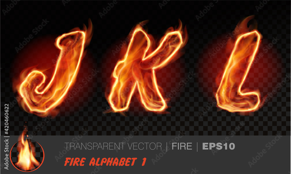 Alphabet of fire. Transparent realistic vector on dark background ...