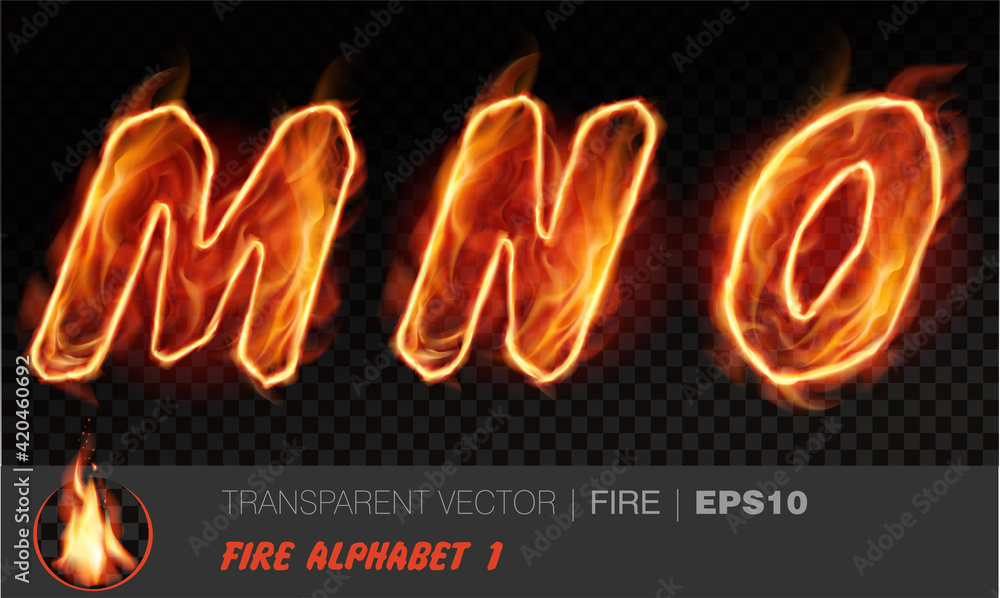 Alphabet of fire. Transparent realistic vector on dark background ...