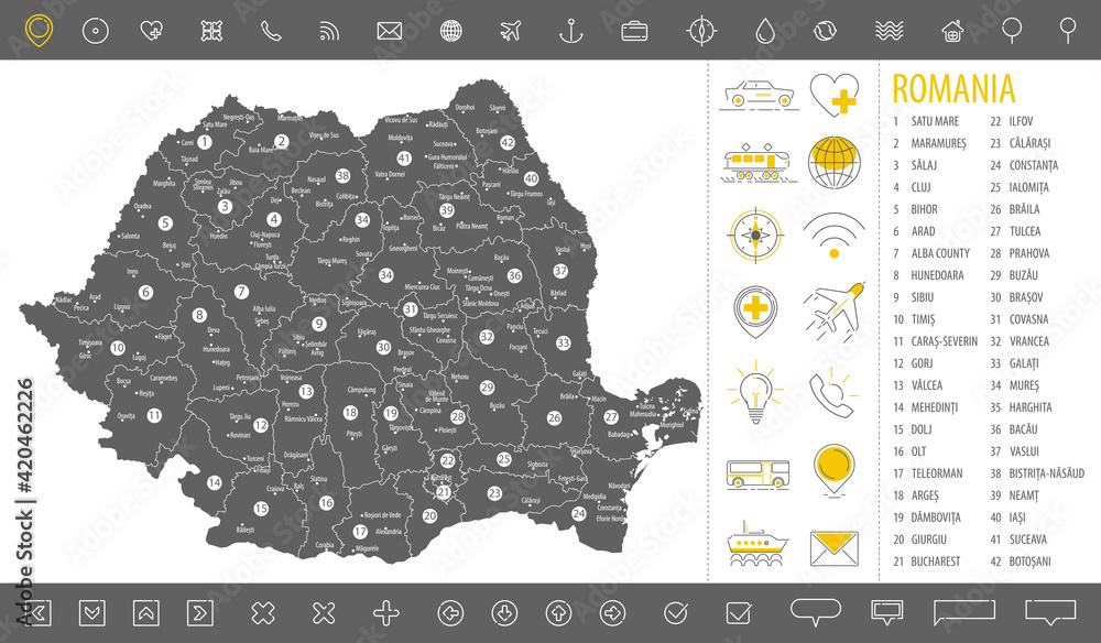Detailed monochrome map of Romania, gray country territory with ...