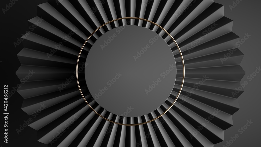 3d render, abstract black background with round blank frame, showcase ...