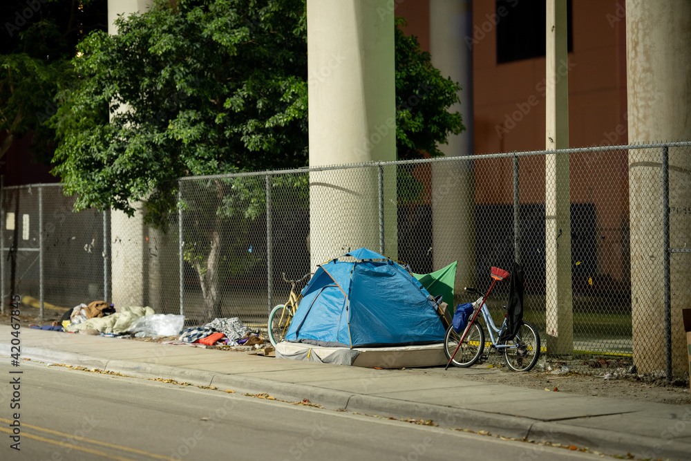 Tents at Downtown Miami with homeless people living on the streets ...