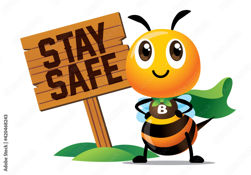 Cartoon cute bee with superhero costume standing beside big wooden ...