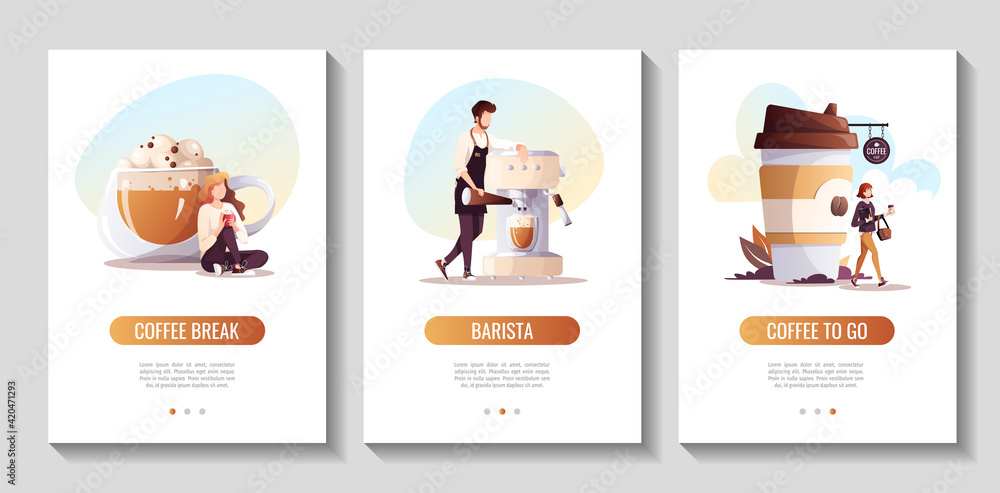 Vektorová grafika „Woman drinking coffee. Barista with huge coffee ...
