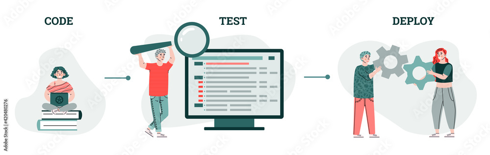 Computer code testing with characters, cartoon vector illustration ...