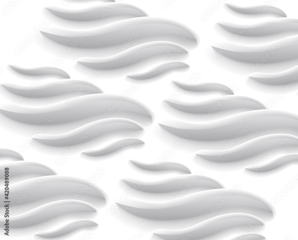 Abstract pattern of white volumetric waves. fluid aqua shapes, feather ...