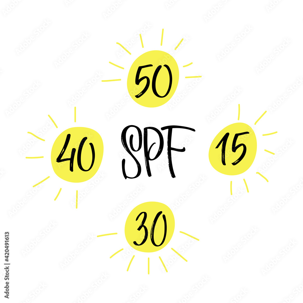 SPF 15, 30, 40, 50 hand drawn design elements. Sun protection signs ...