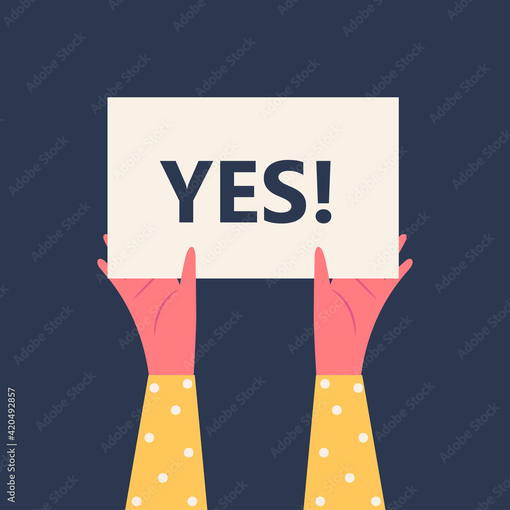Vector cartoon illustration of human hand holding YES! sign banner ...