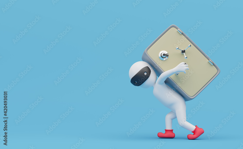 Stick man carrying safe box in blue background ,bank robber concept ,3d ...