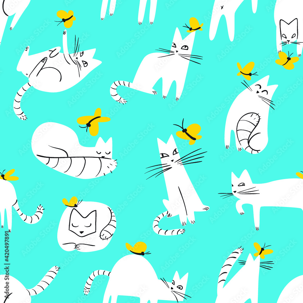 Seamless pattern with funny cats playing with butterflies. Background ...