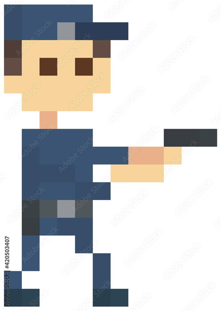 Pixel police man with pistol. Officer stands in blue uniform. Pixel ...