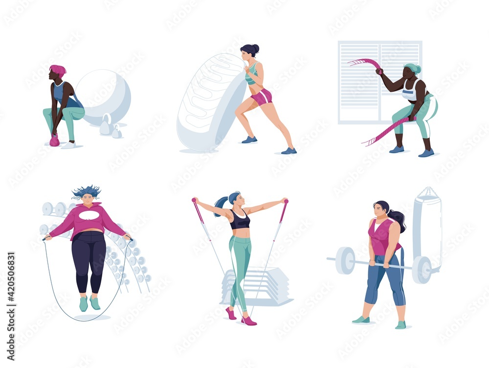Cartoon Women athletes different races and bodies set doing exercises ...
