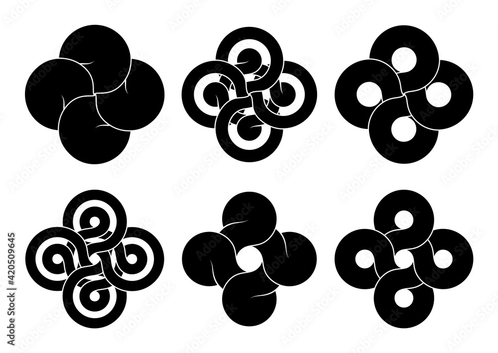 Set of cross signs made of three connected disks and rings made of ...