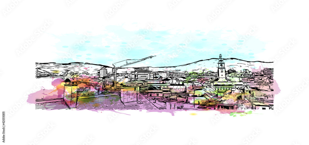 Building view with landmark of Linz is the city in Austria. Watercolour ...