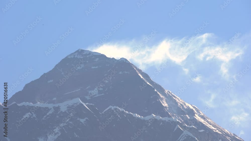 Snow blowing off the top of Mount Everest on a clear blue morning ...