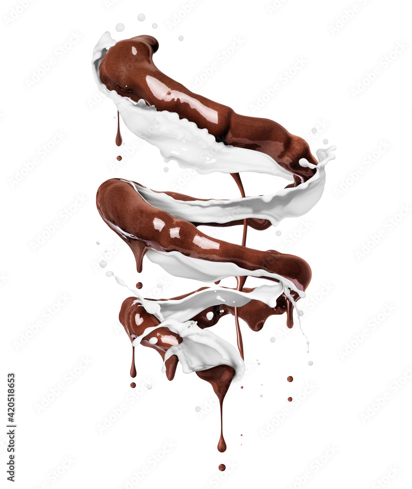 Chocolate and milk splashes in spiral shape with flowing drops on a ...
