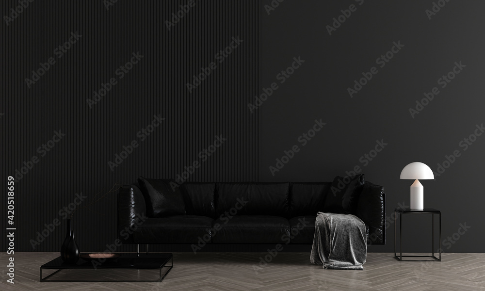 The lounge and living room interior design and black wall texture ...