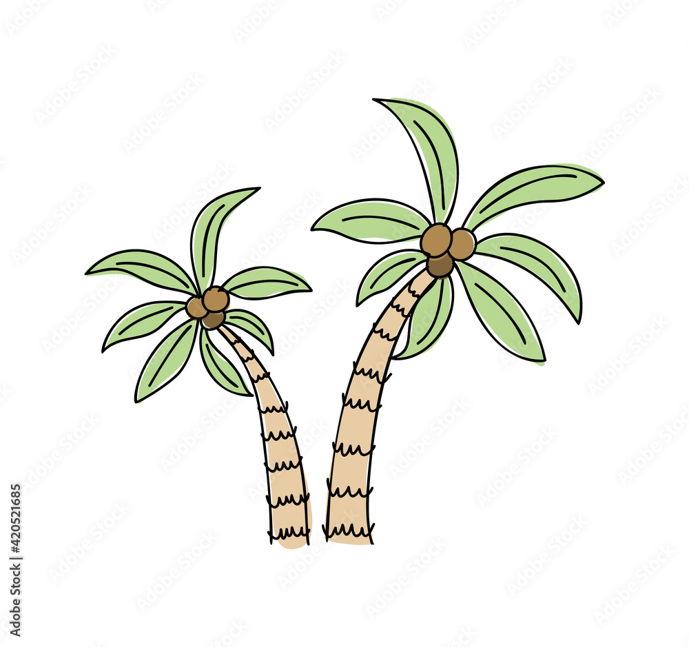 Scandinavian vector summer tropical palm trees doodle isolated on white ...