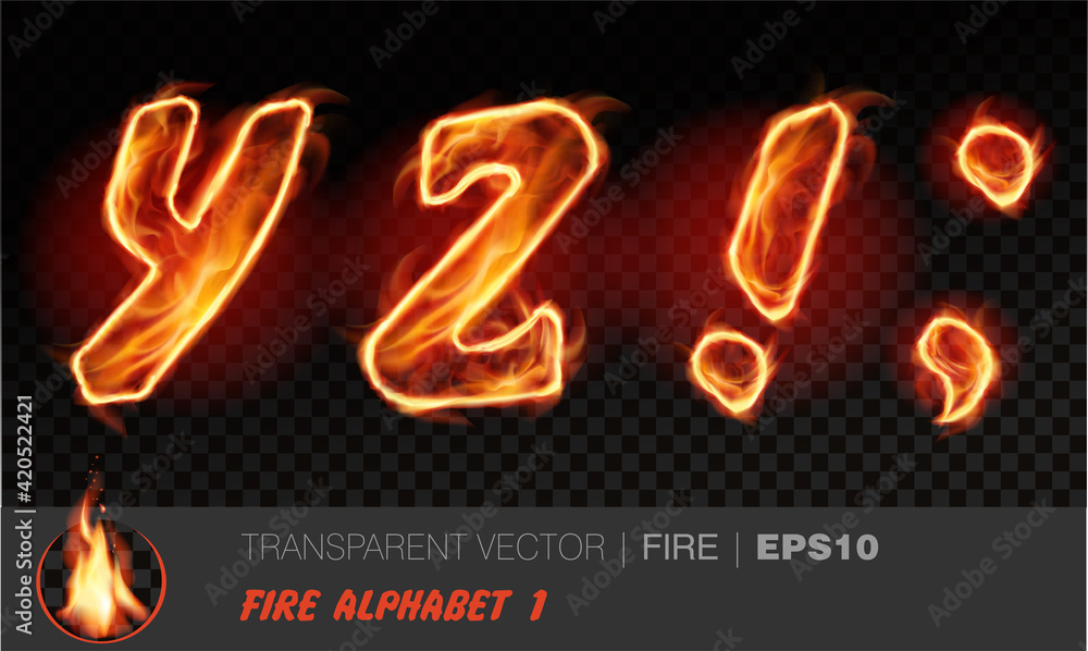 Alphabet of fire. Transparent realistic vector on dark background ...