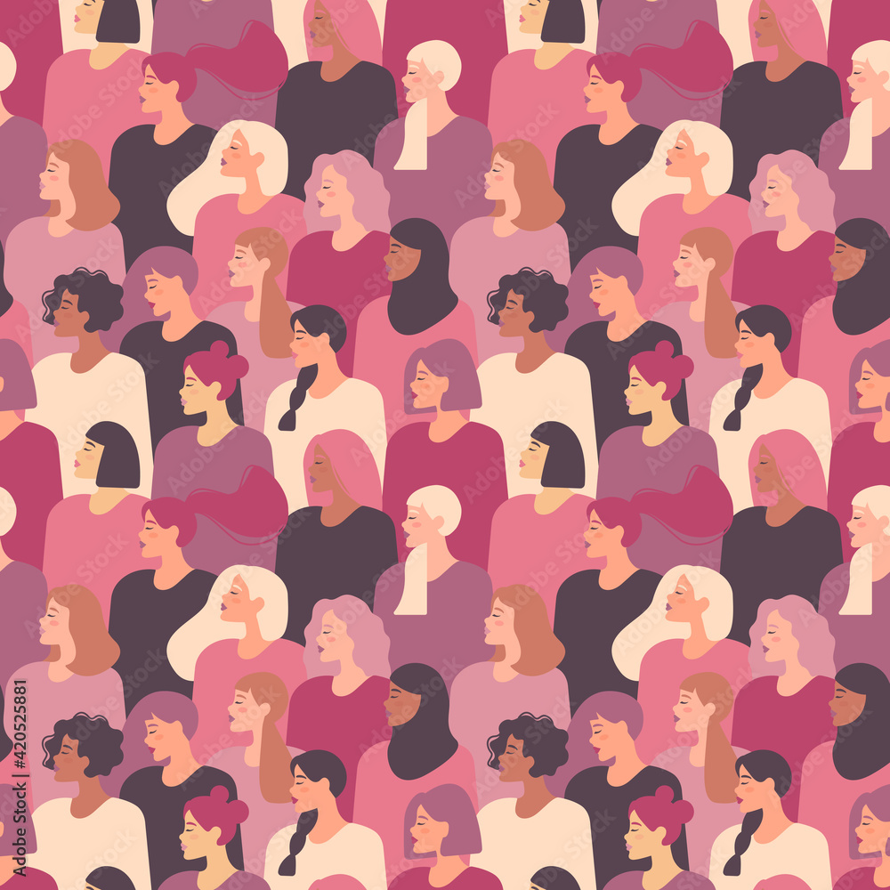 Vetor de Female diverse faces of different ethnicity. Vector seamless ...