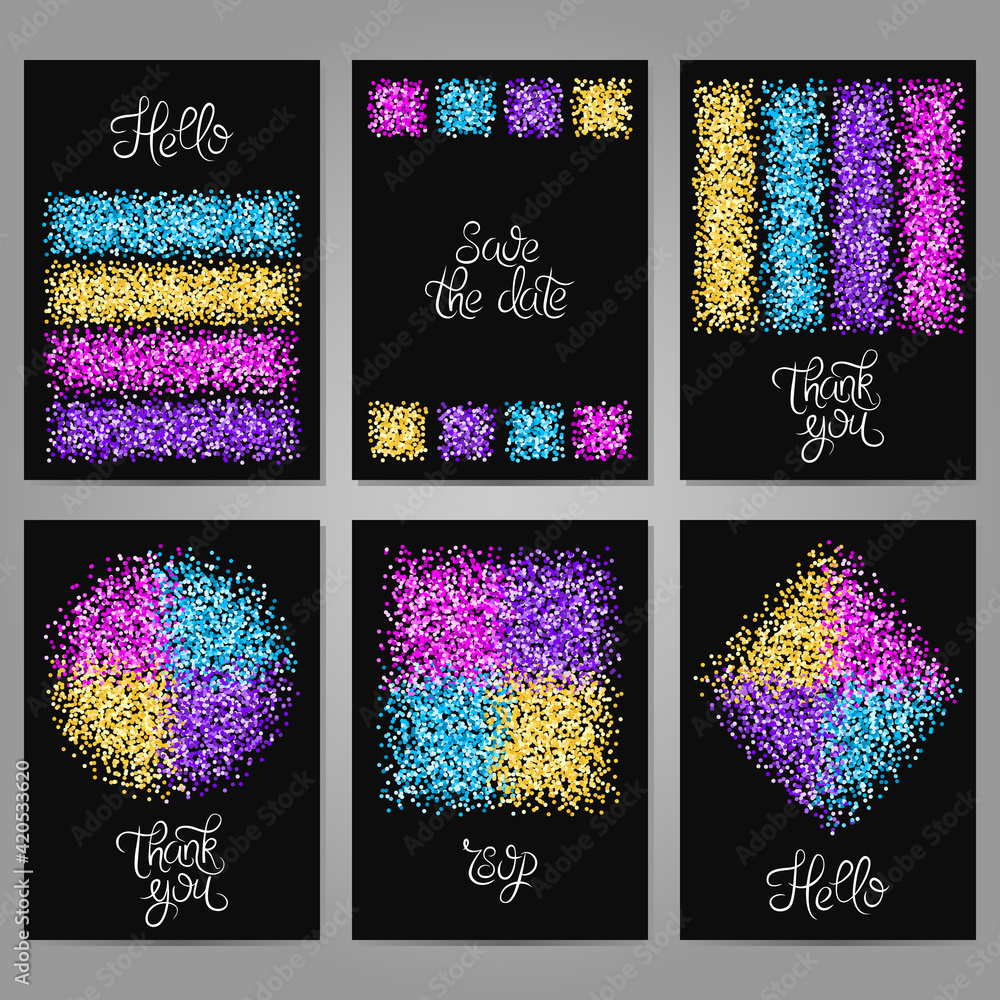 Collection of 6 card templates with multicolored glitter. Layout for ...