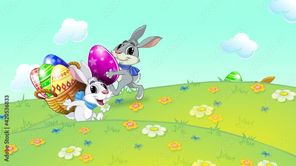 Cartoon animated greetings card of a Easter bunnies walking, running ...
