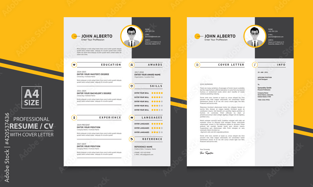 Best cv format professional resume template black and yellow with cover ...
