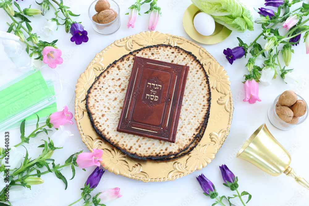 Pesah celebration concept (jewish Passover holiday). Traditional book ...
