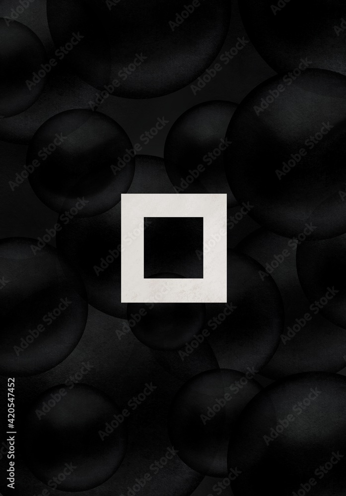 glowing square among black matte balls. black and white abstract ...