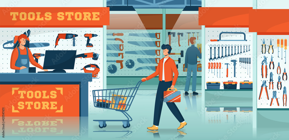 Cartoon Color Characters People Customers and Tools Store Concept ...