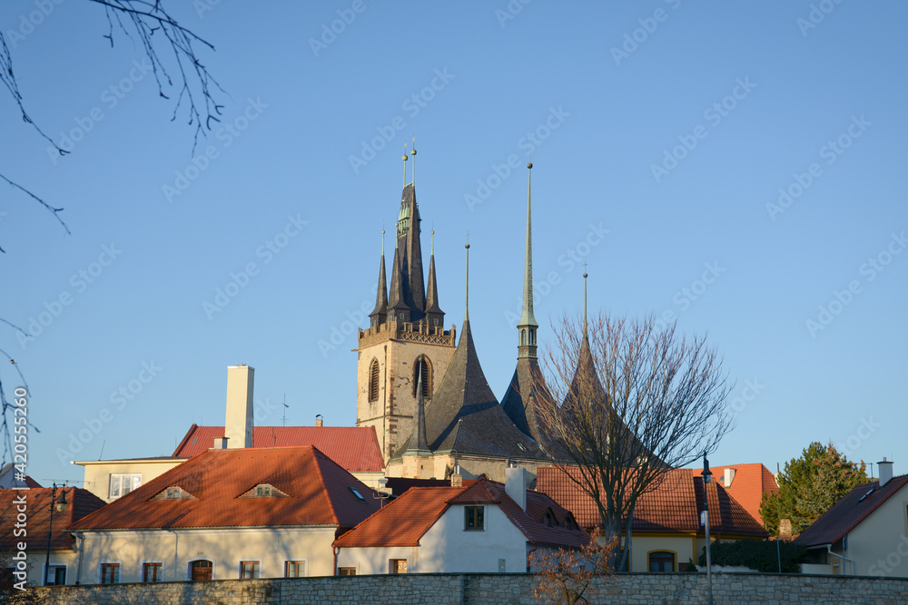 Gothic Church of St Nicholas in Louny town, Czech Republic. Church from ...