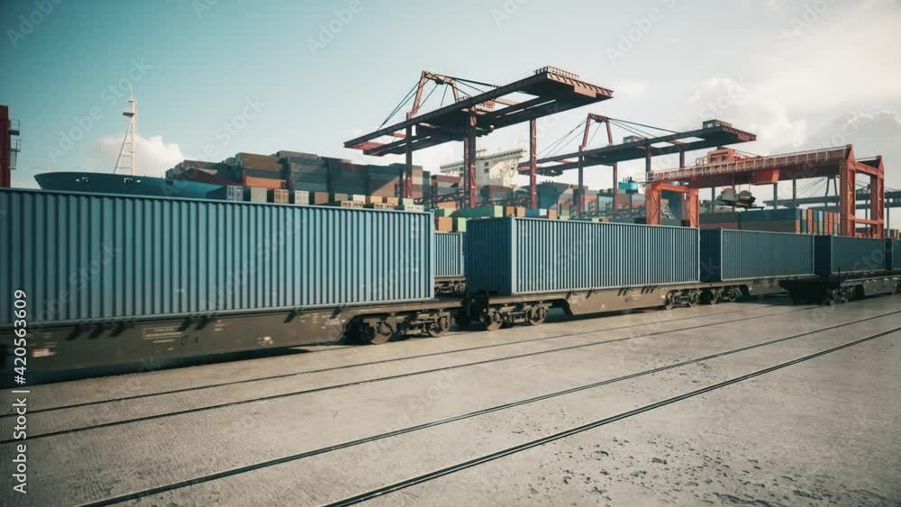 Container train in the port. Cargo train moving in the container ...